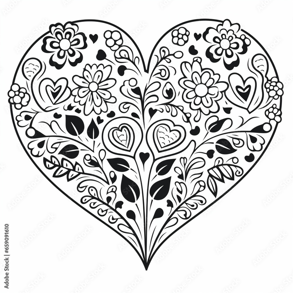 Mandala in the shape of a heart black and white coloring page for the ...