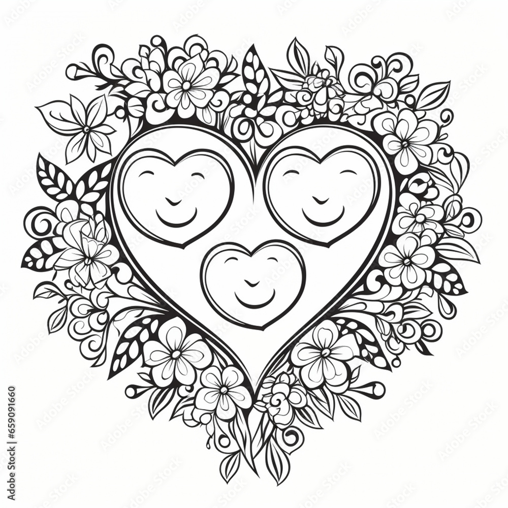 Mandala in the shape of a heart black and white coloring page for the ...