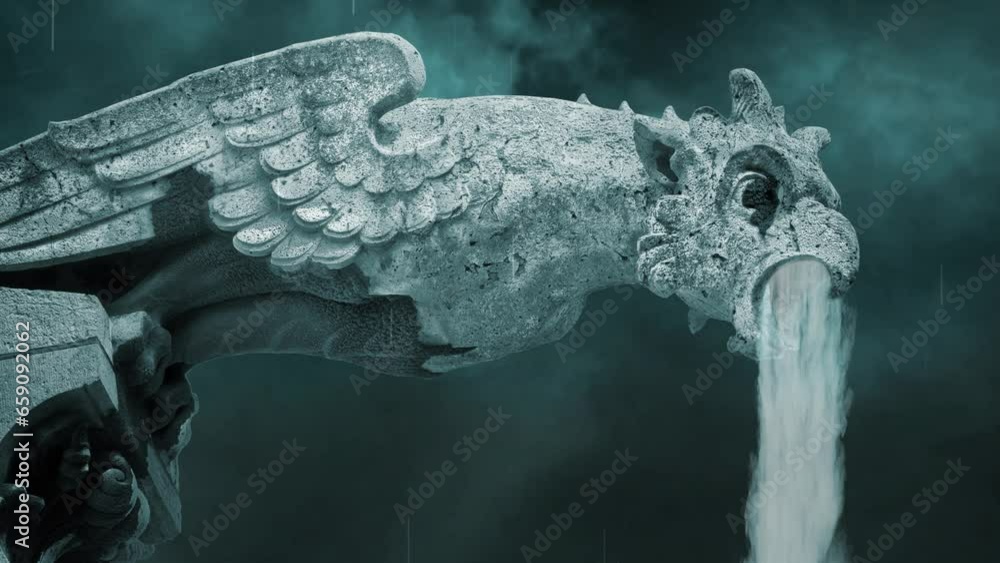 Gargoyle Fog Fall in a Storm 4K Loop features a stone gargoyle with a ...