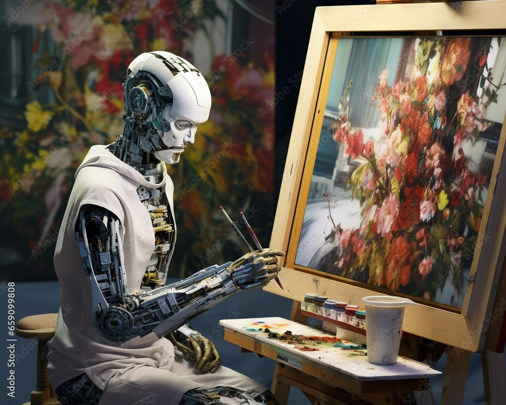 robot artist is creating an artwork concept for merging Intelligence ...