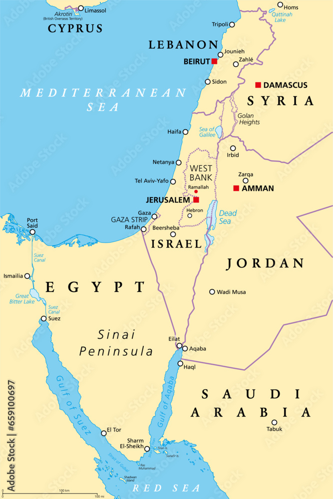 Israel and the Sinai Peninsula, political map. The Southern Levant, an ...