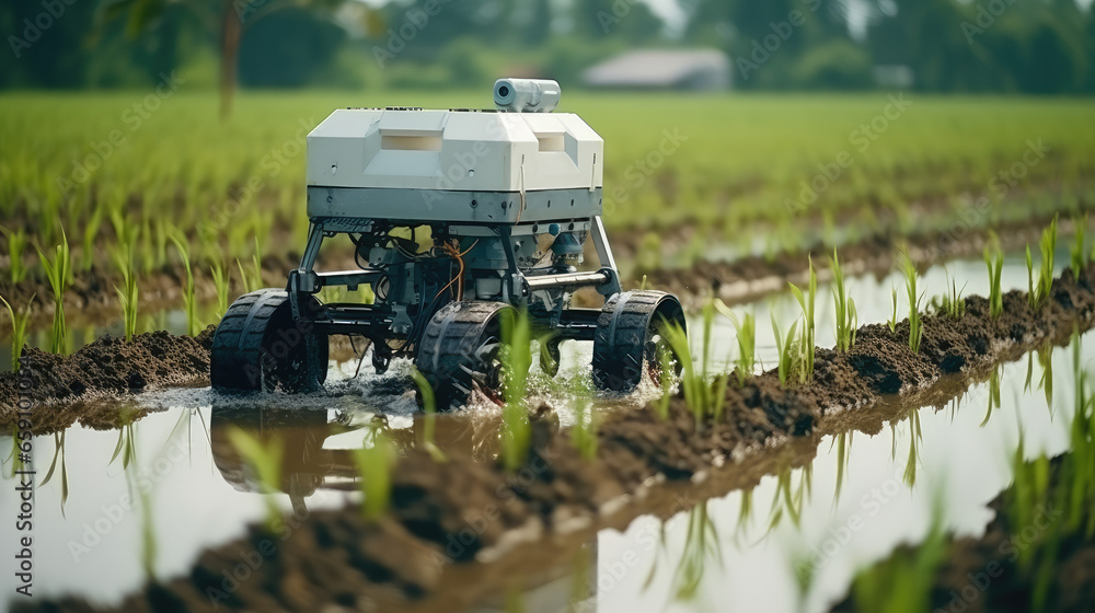 ai robot tractor in a rice field Stock Illustration | Adobe Stock