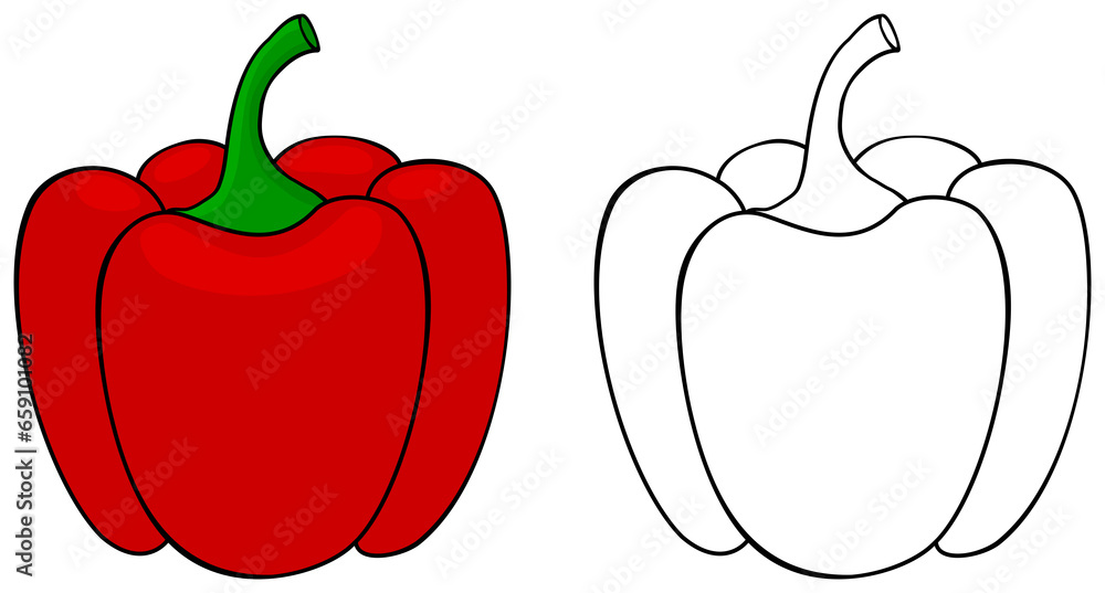 Cartoon bell pepper colorful and outline. Coloring book page for ...