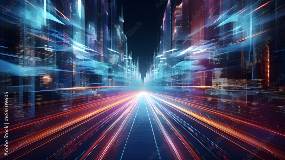 3D Rendering of warp speed in hyper loop with blur light from buildings ...