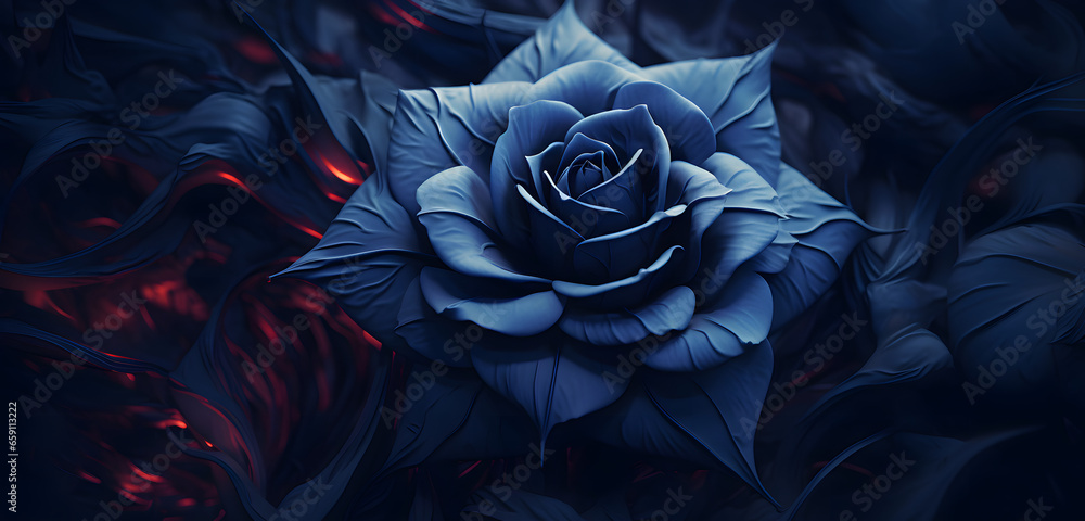 Stunning midnight blue rose shines amidst dark, moody leaves, creating ...