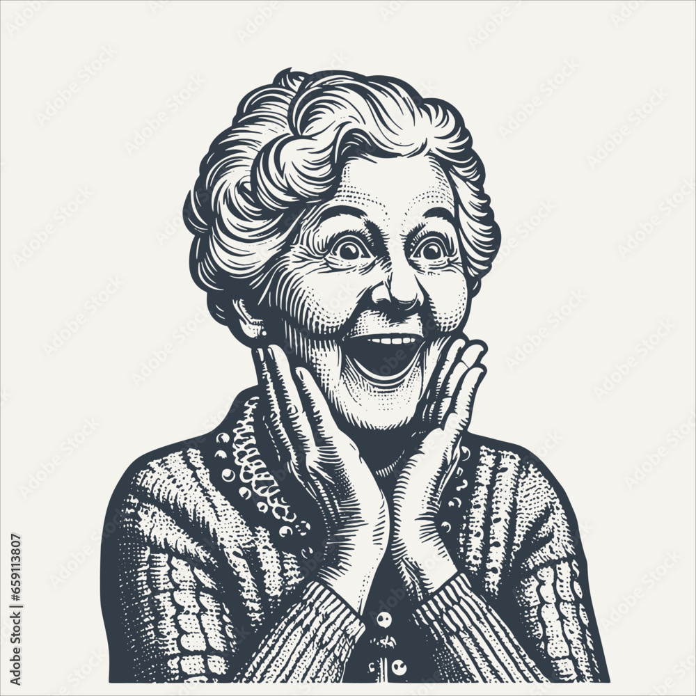 Excited emotional grandma with open mouth. Vintage woodcut engraving ...