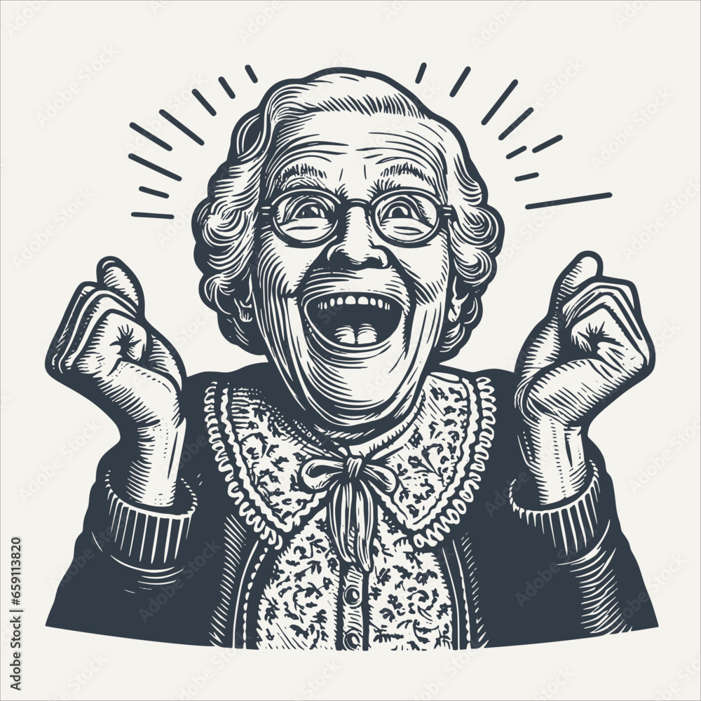 Excited emotional grandma with open mouth. Vintage woodcut engraving ...