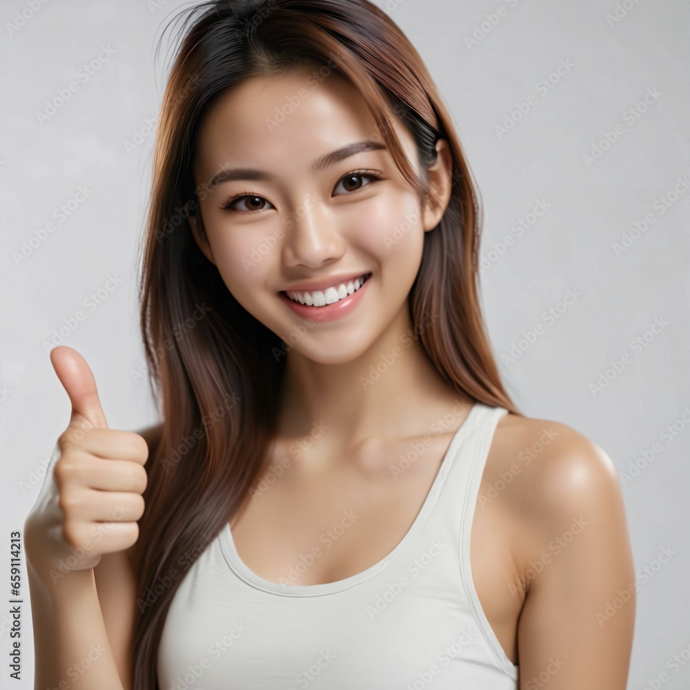 Photo of a lovely attractive Asian woman giving thumbs up. Gesture of approval. Promoting ...