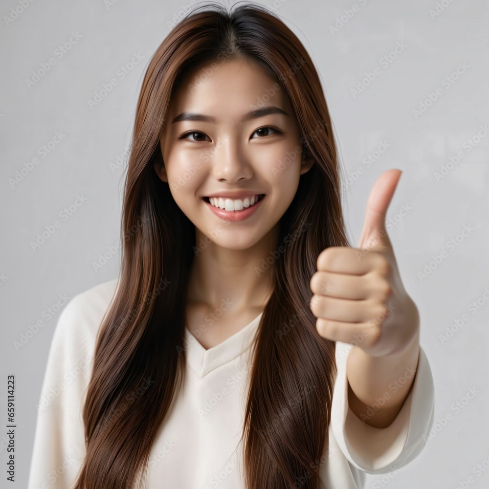 Photo of a lovely attractive Asian woman giving thumbs up. Gesture of approval. Promoting ...