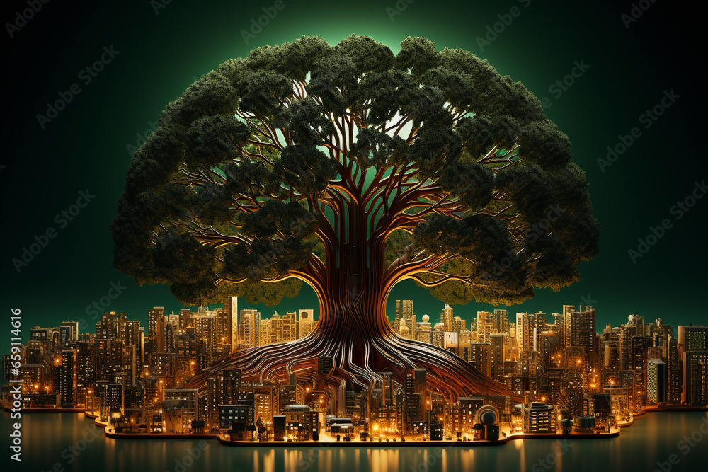 Tree connecting the city's buildings, integrated as organic processor ...