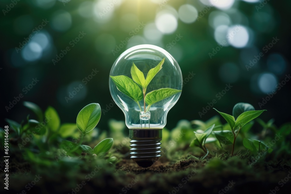 Renewable energy light bulb in forest with green energy, Earth Day or ...