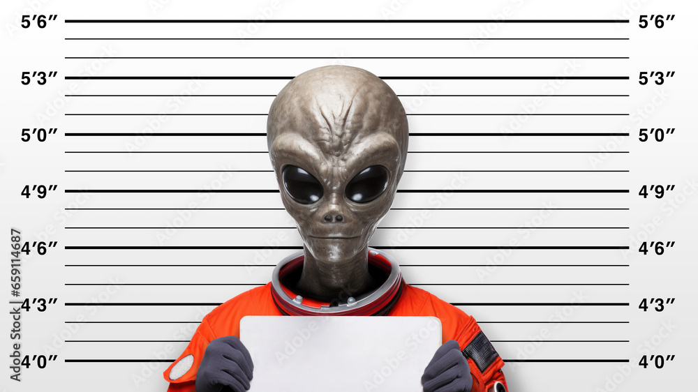 Close-up mugshot of a stereotypical gray-skinned, large-eyed alien ...