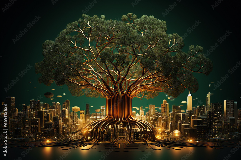 Tree connecting the city's buildings, integrated as organic processor ...