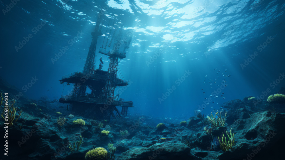 An oil rig in the middle of the ocean, extracting crude oil from deep ...