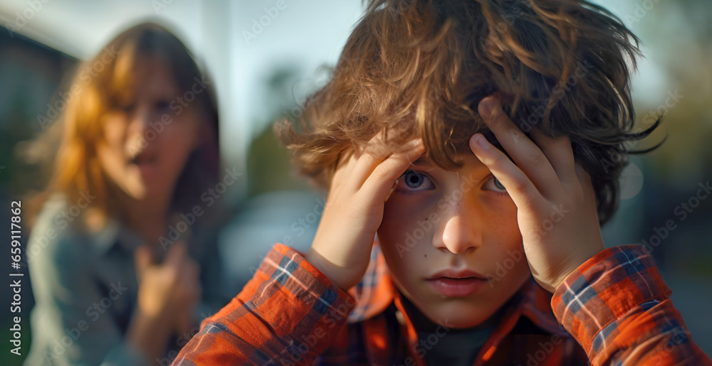A boy stands gripping his head, while his mother is yelling at him in ...