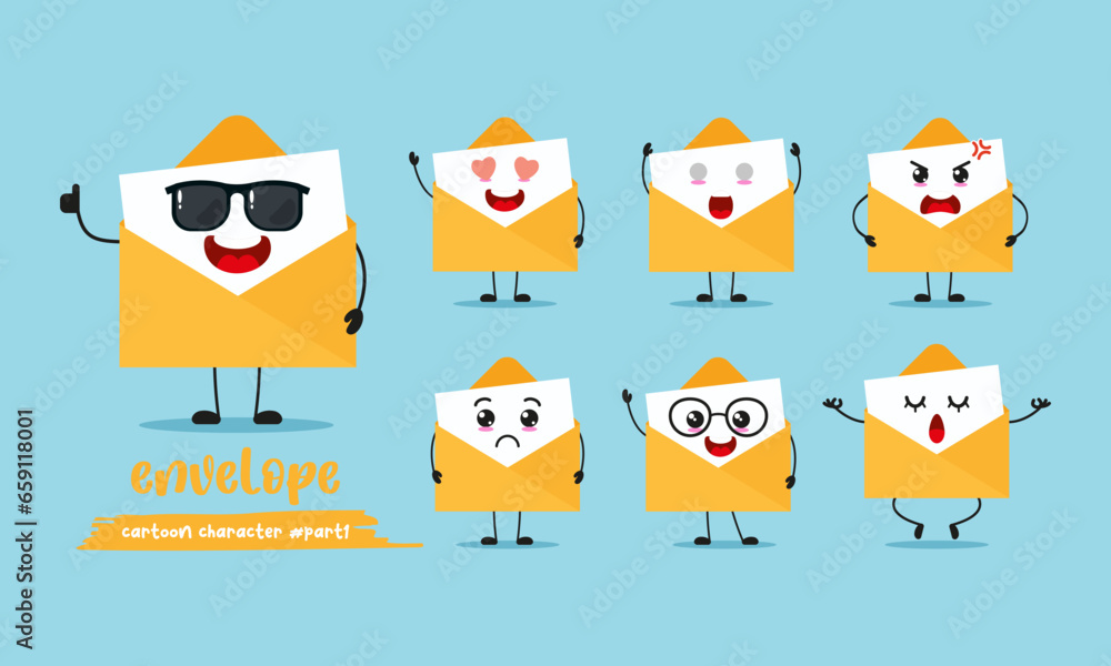 cute envelope cartoon with many expressions. postcard different ...