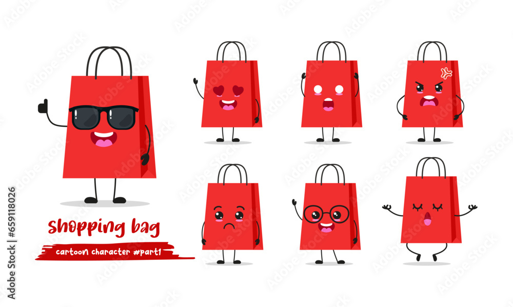 cute shopping bag cartoon with many expressions. paper bag different ...