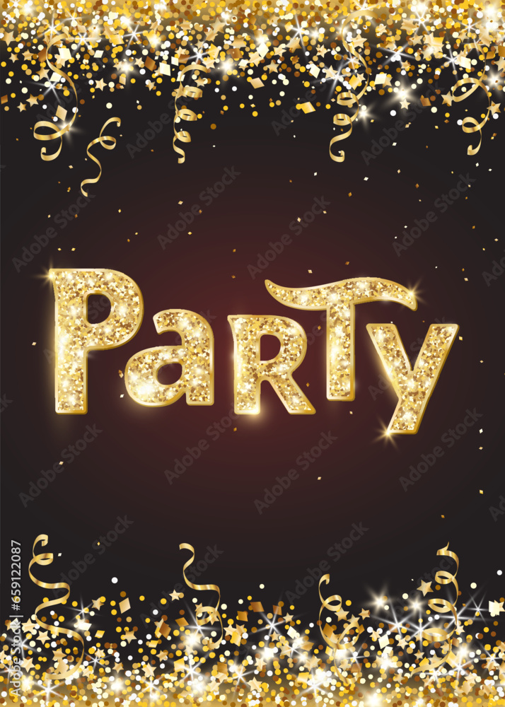 Party festive banner. Glitter sparkling gold party word. Falling ...