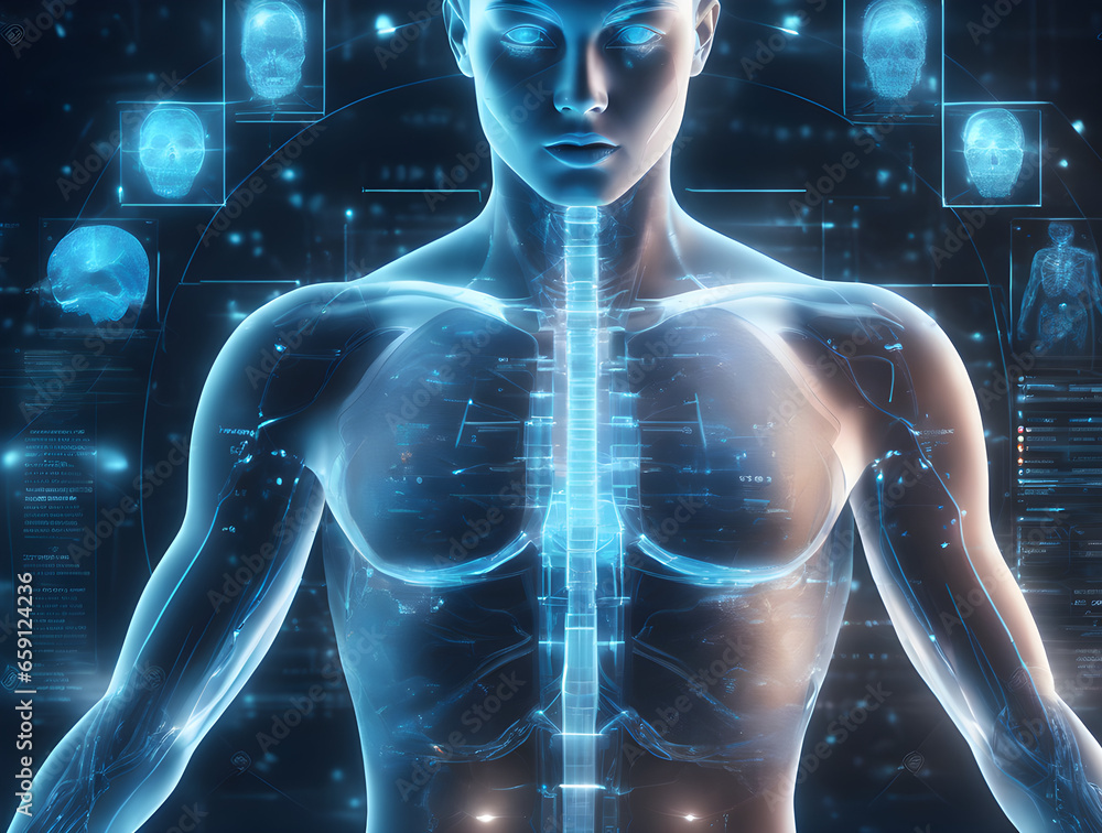 Medical hologram with a human body being examined in modern hud style ...