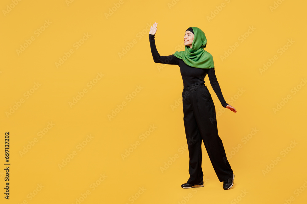 Full body side profile view young arabian asian muslim woman wearing ...