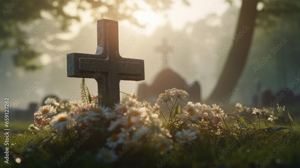 Capture the solemn beauty of a Catholic cemetery with a grave marker ...