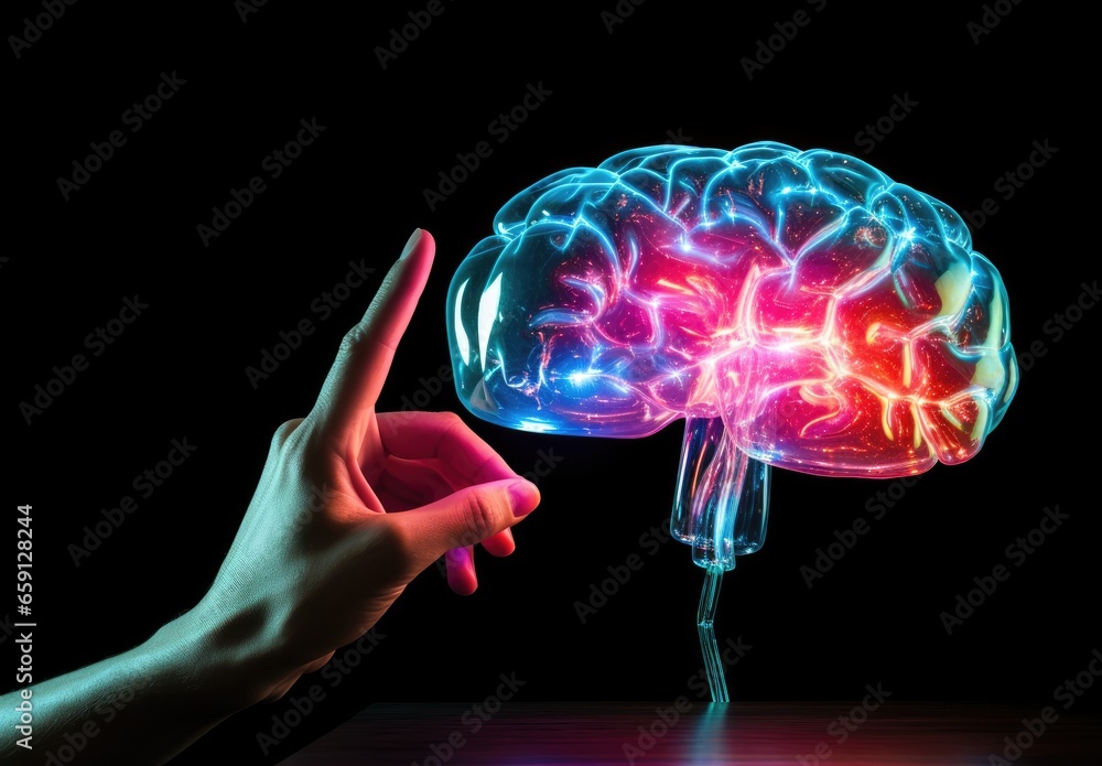 The concept of artificial intelligence. The hand presses the button. An ...