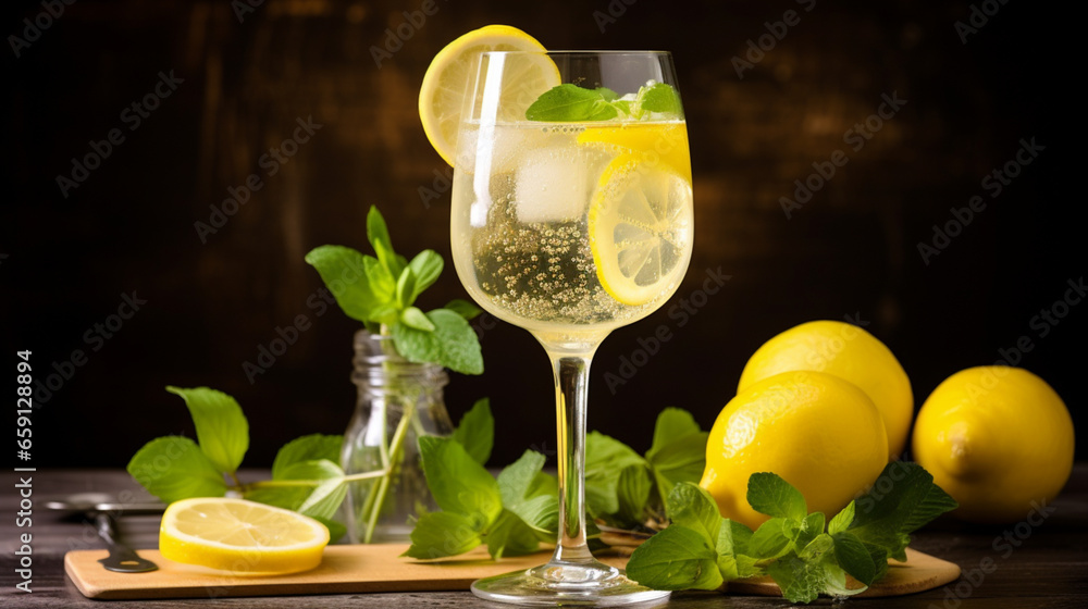 Homemade Limoncello spritz drink of liqueur, sparkling wine and lemon in cocktail glass Stock ...