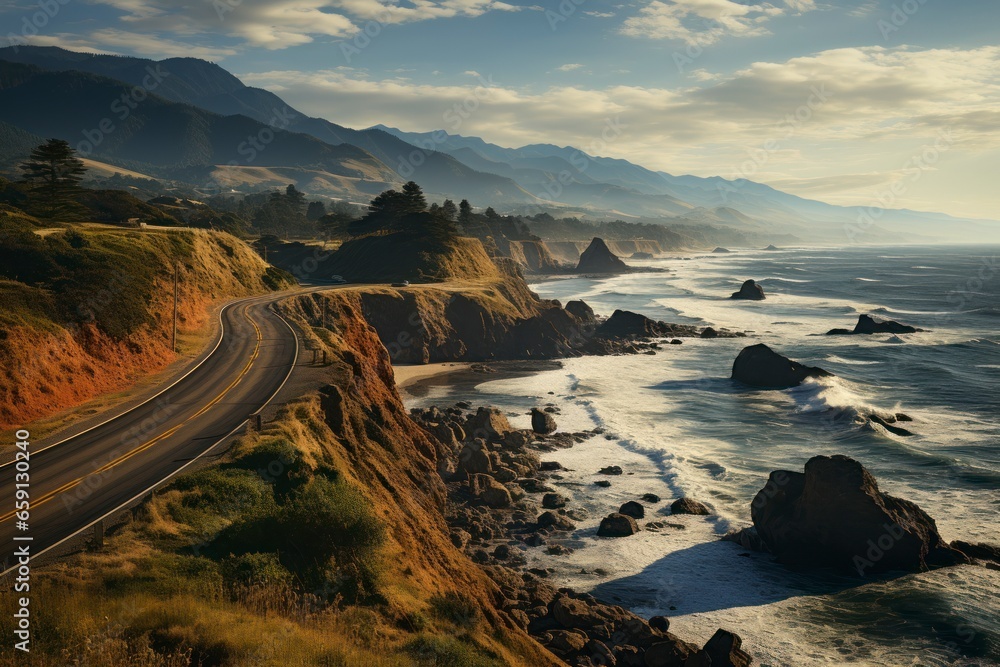 An epic road trip scene with a convertible car driving along a winding ...