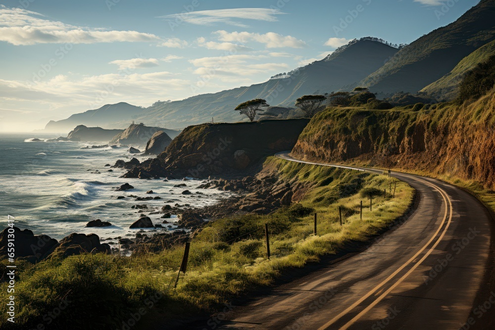 An epic road trip scene with a convertible car driving along a winding ...