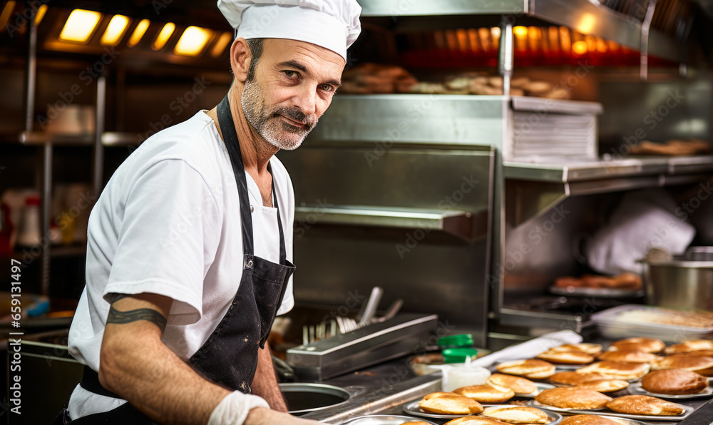 portrait of Fast Food Cook, who Prepare and cook food in a fast food ...