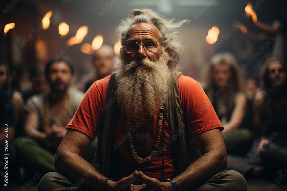 guru with glasses listening to a spiritual talk in a crowded room Stock ...