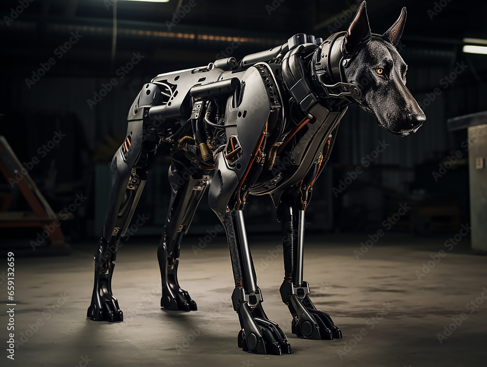 Futuristic military cybernetic robot dog, doberman breed. A dog-like ...