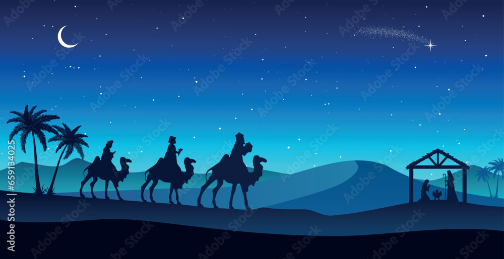 Blue Christmas Nativity Scene: Three Wise Men go to the manger in the ...