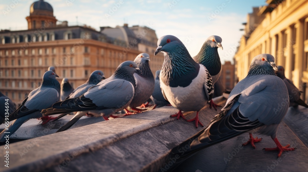 Feathered friends in the city: Pigeons cuddle on a rooftop railing ...