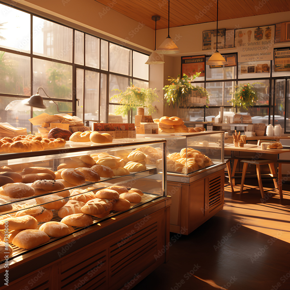 Bakery design, loaves of bread and buns on the counter, cafe design ...