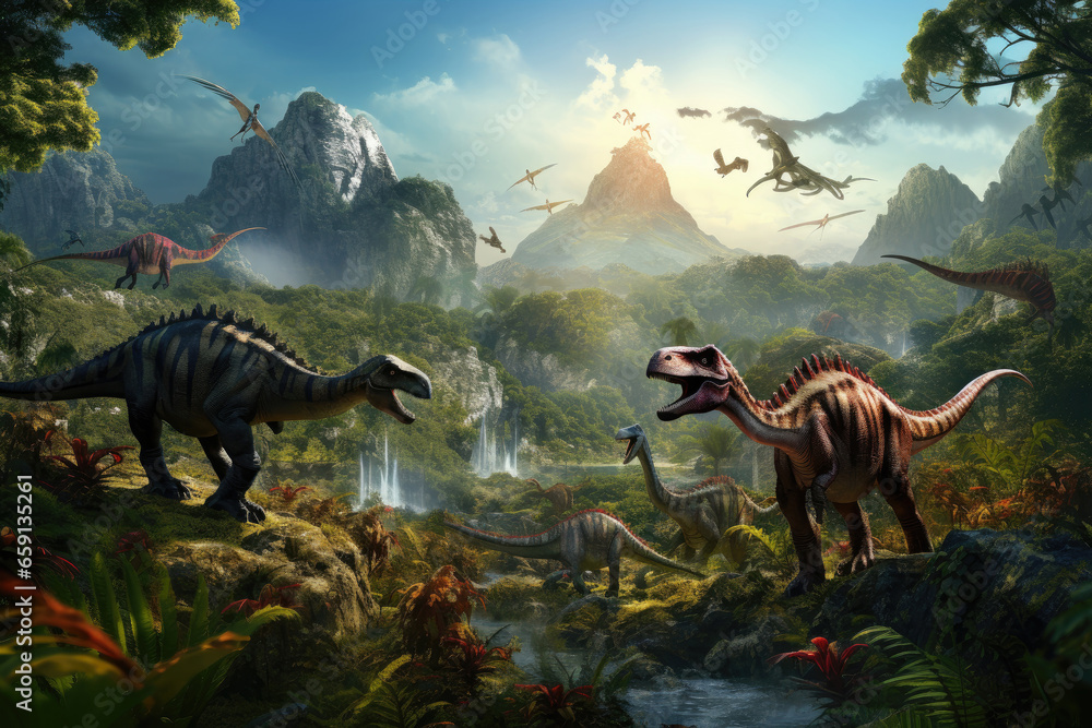 Dinosaurs in the Triassic period age in the green grass land and blue ...