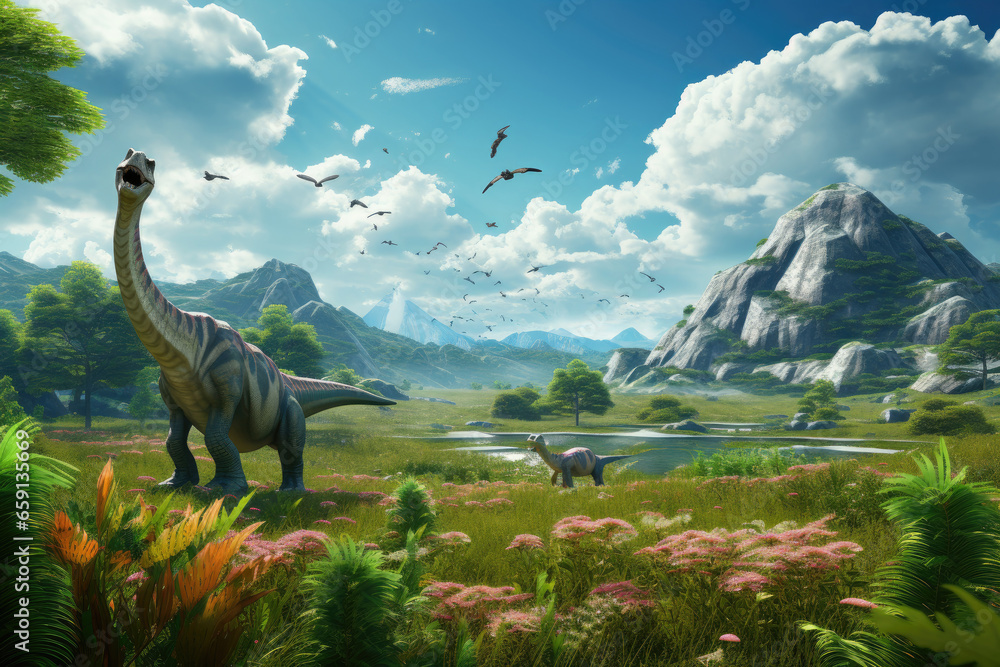 Dinosaurs in the Triassic period age in the green grass land and blue ...