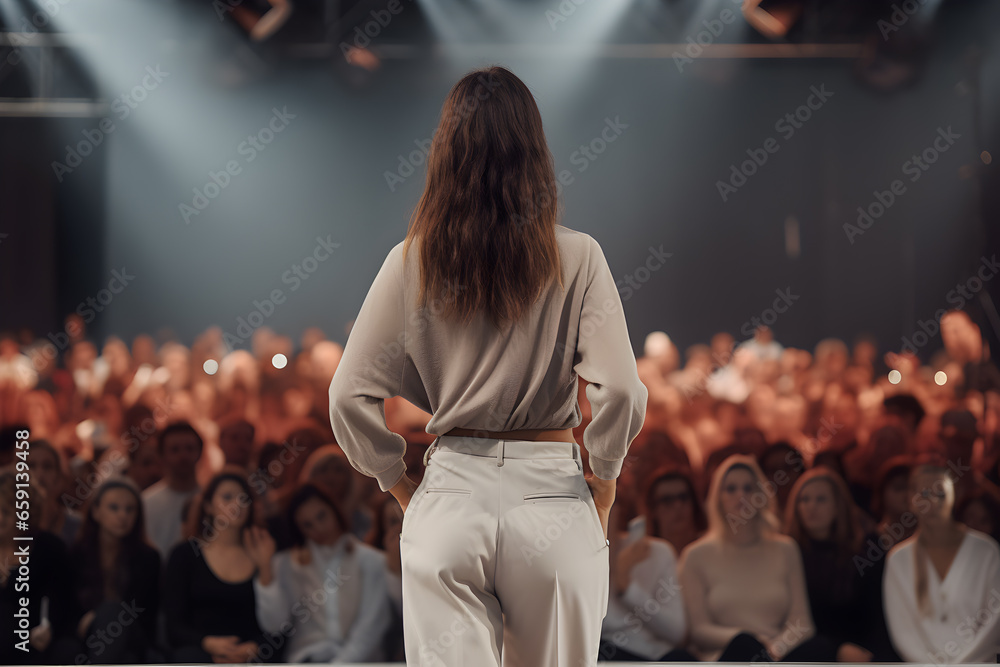 Model with her back turned on a runway, back view of a runway model in ...