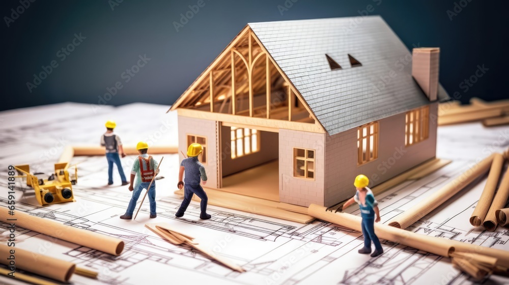 building house on blueprints with worker construction project Stock ...