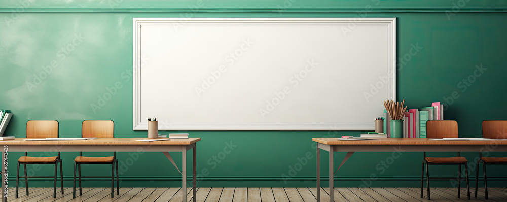 Empty classroom with green chalkboard background. Stock Photo | Adobe Stock