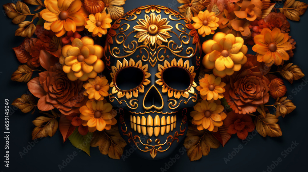Bemalter Totenschädel (Calavera) mit Blumen umgeben, zum Tag der Toten (Día de Muertos), dem ...