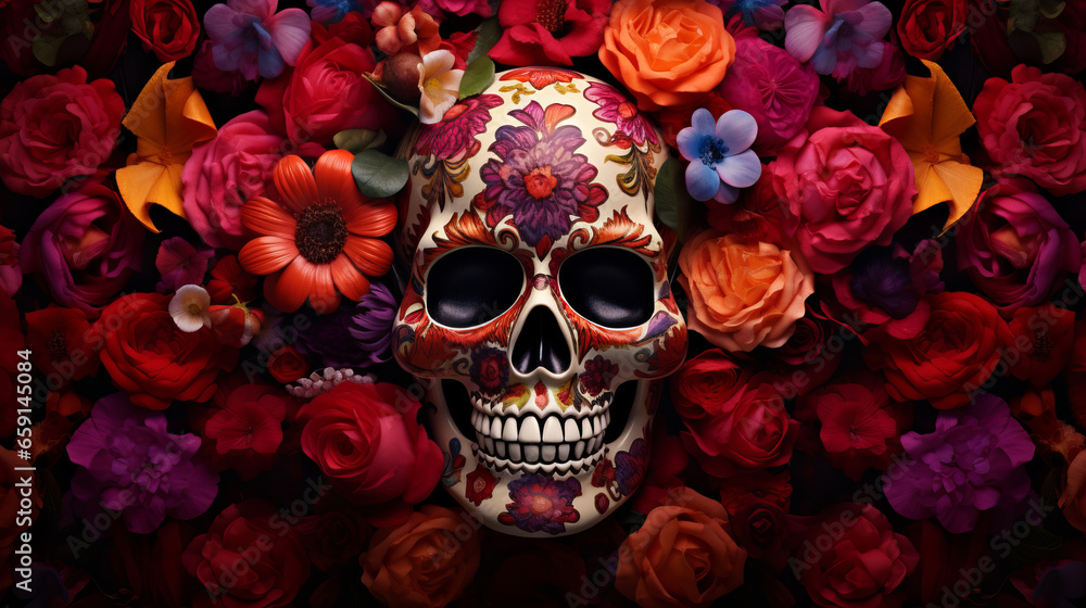 Bemalter Totenschädel (Calavera) mit Blumen umgeben, zum Tag der Toten (Día de Muertos), dem ...