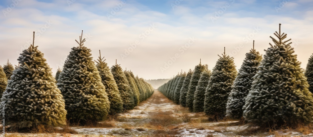 Christmas tree farm with organized rows of trees Stock Photo | Adobe Stock