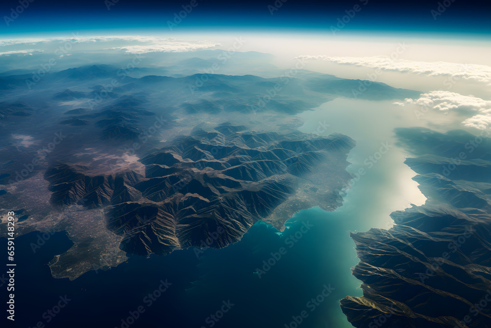 Mountain relief with ridges and faults in the earth's crust, view from ...