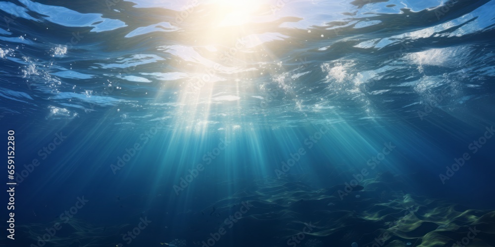 An Underwater Ocean Overview with Sun Rays Illuminating the Submerged ...