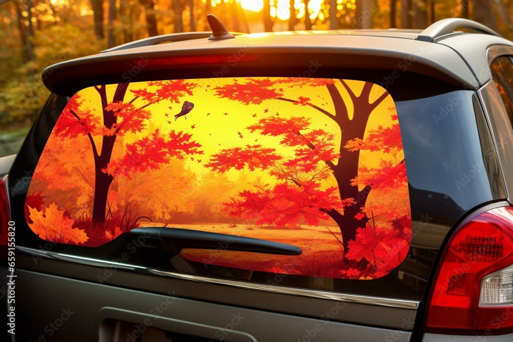 Autumn-themed car stickers on the rear window for a vinyl decal look ...