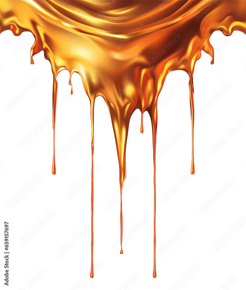 Abstract melted golden paint splash dripping from top isolated on ...