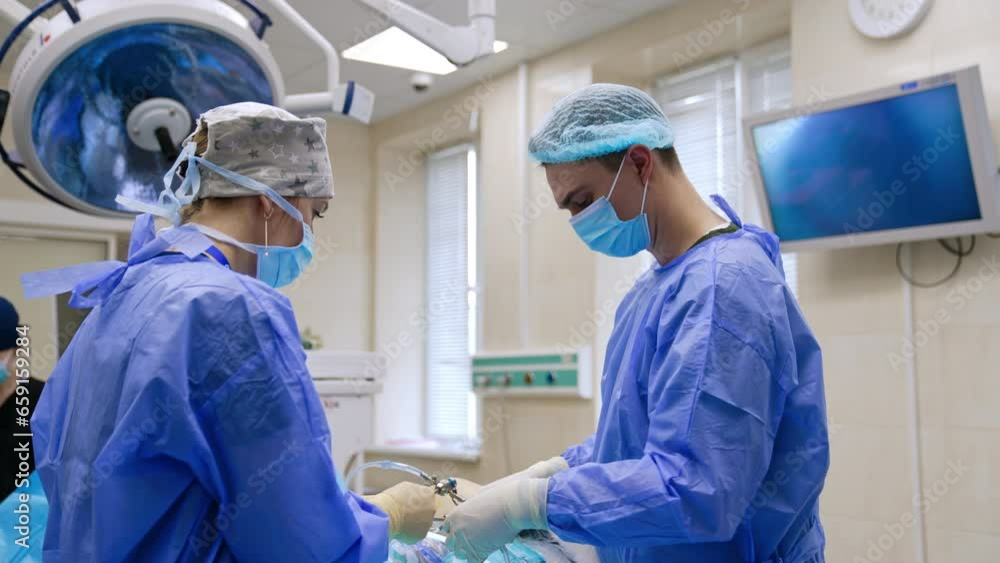 Male surgeon and assisting nurse prepare laparoscopic tool to use it in ...