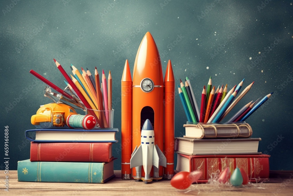school supplies - textbooks and writing tools with rocket drawing ...