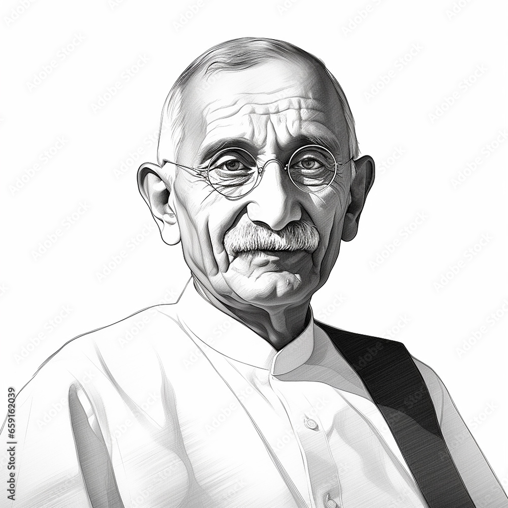 Mahatma Gandhi Indian freedom fighter illustration drawing black and ...
